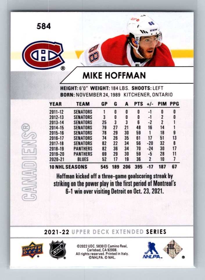 2021 Upper Deck Mike Hoffman #584 Montreal Canadiens | eBay