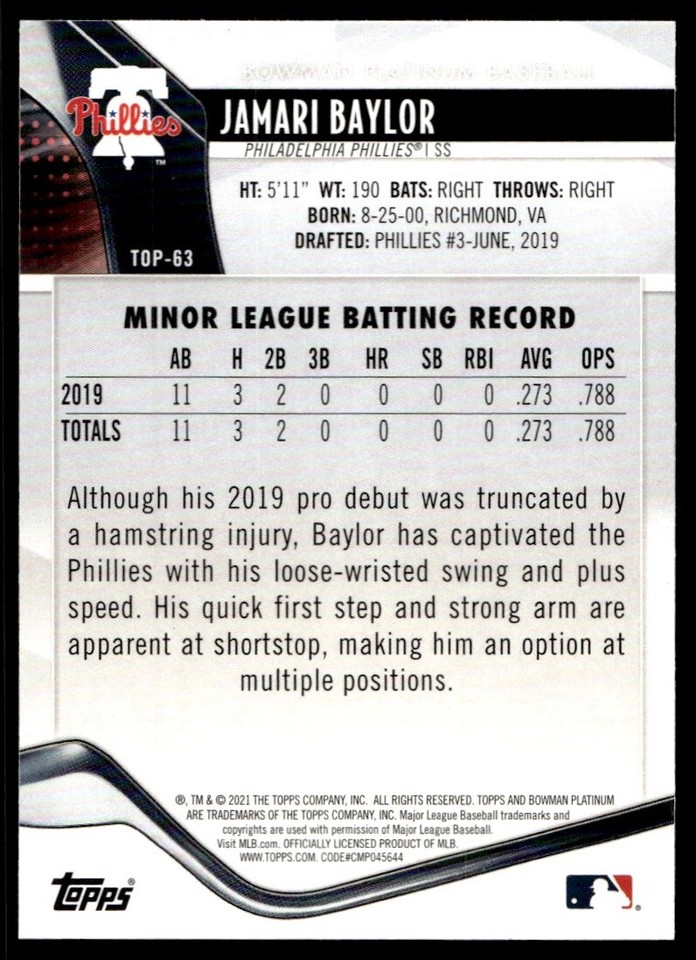 2021 Bowman Platinum Top Prospects Jamari Baylor Philadelphia Phillies ...