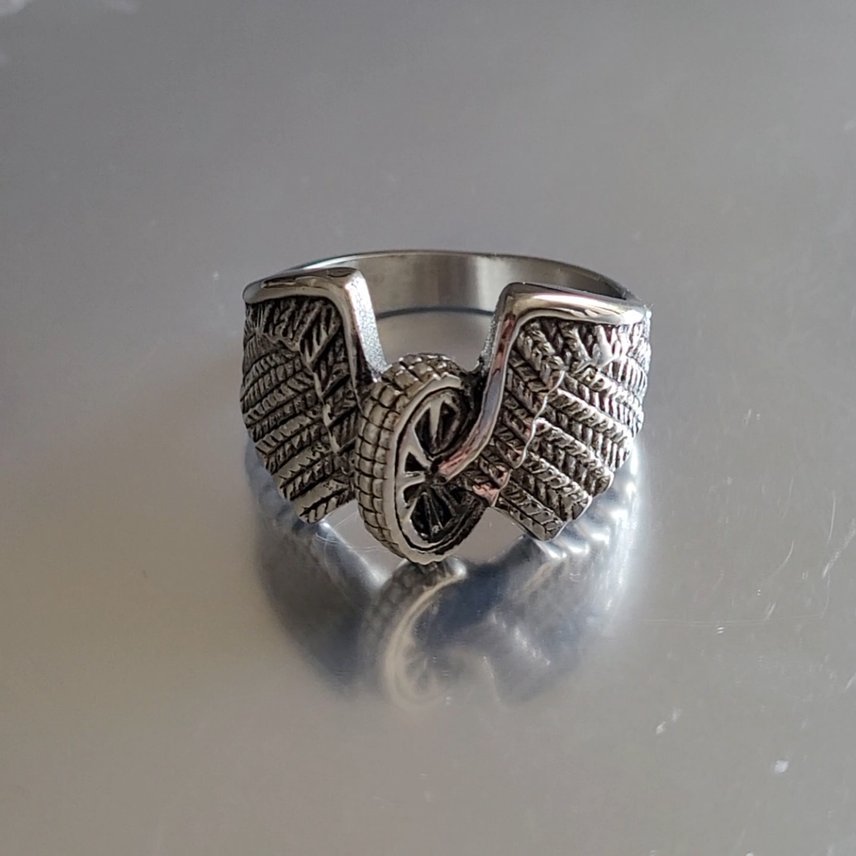 Stainless Steel Polished Winged Wheel Ring - Stainless Steel Biker Ring ...