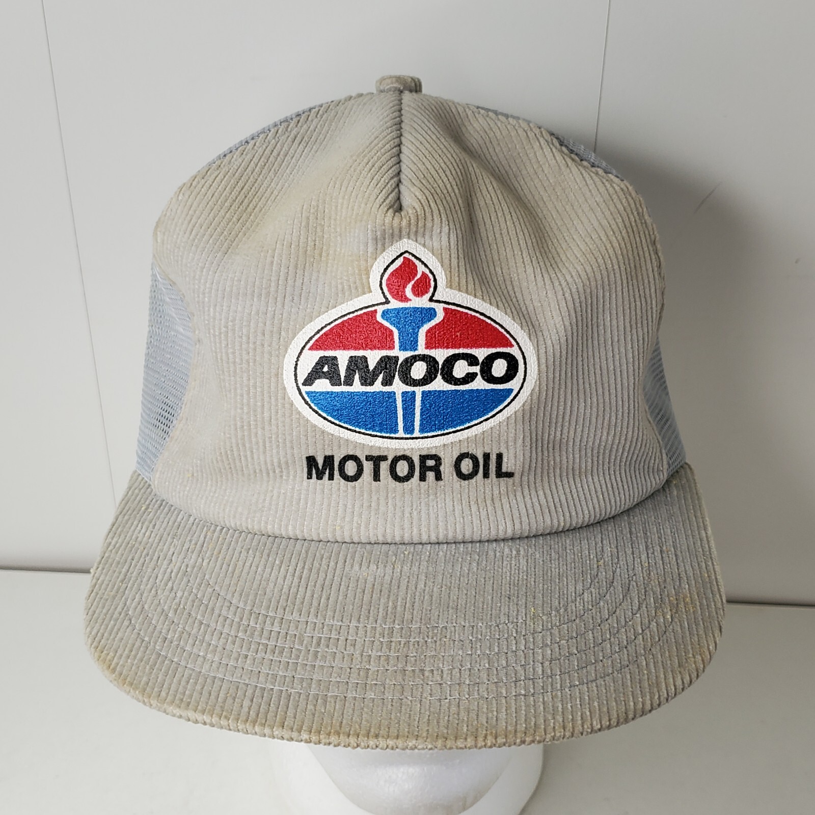 VTG Amoco Motor Oil Logo Corduroy Grey Mesh Trucker C… - Gem