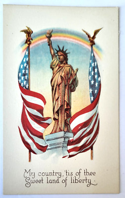 C 1918 PATRIOTIC PC WWI ERA STATUE OF LIBERTY LADY LIBERTY US FLAGS ...