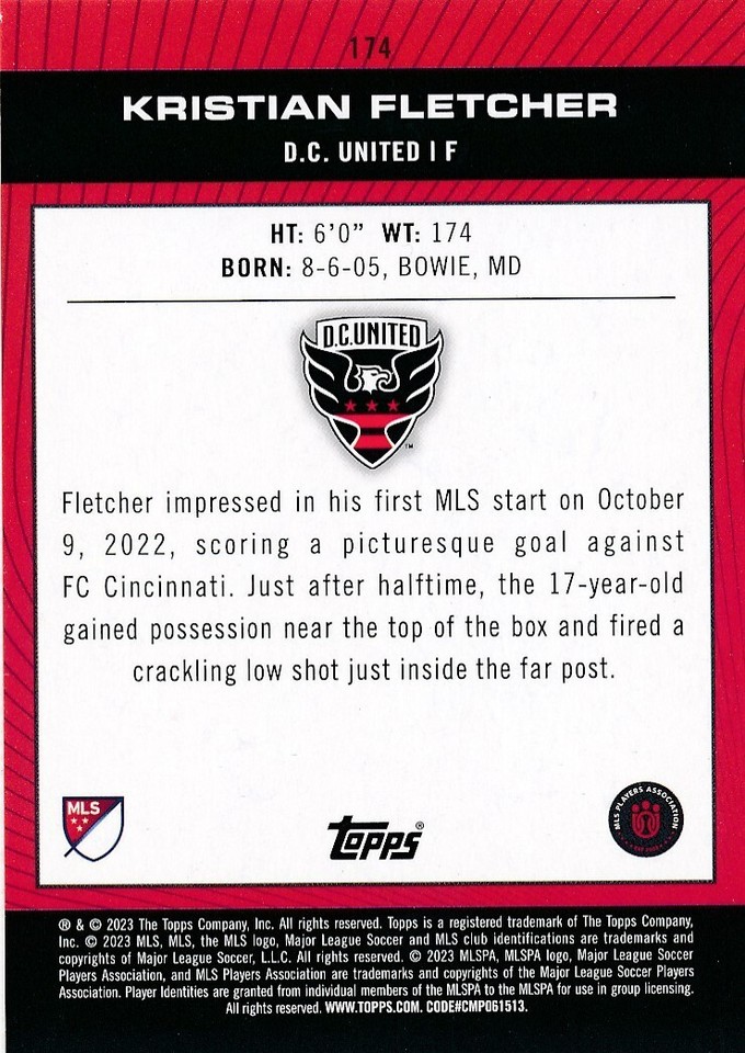 #174 KRISTIAN FLETCHER 2023 Topps MLS Soccer PITCH PRODIGIES RC D C ...
