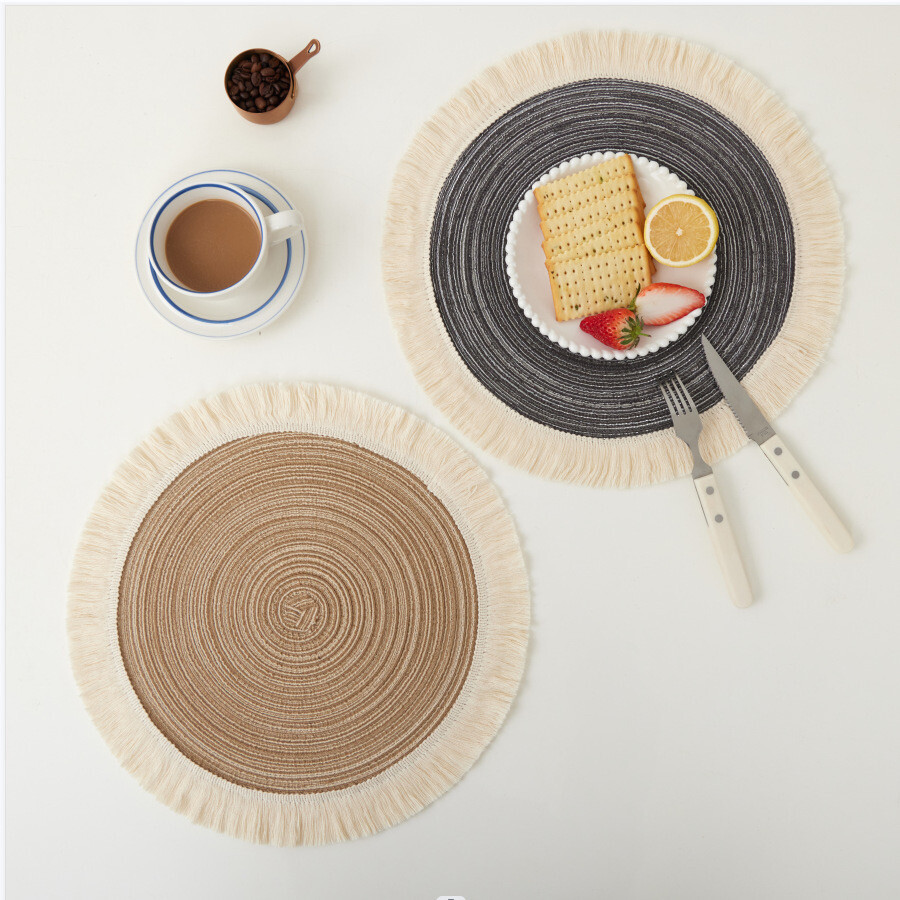 Set of 6 Burlap Round Placemats Boho Natural Jute with Fringe Rustic ...