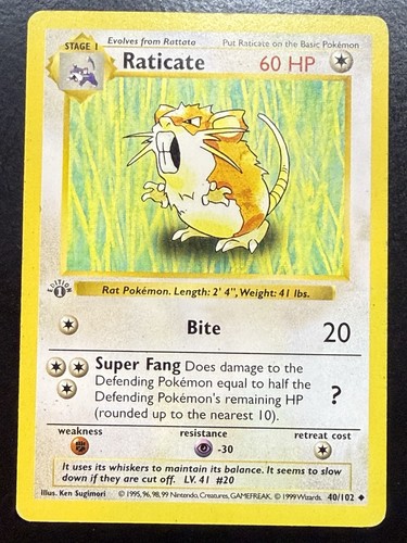Raticate 40/102 - 1ST EDITION SHADOWLESS - BASE SET - VINTAGE POKEMON ...