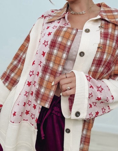 NWT POL Oversized Button Up Contrast Knit Top Stars Plaid Size Large ...