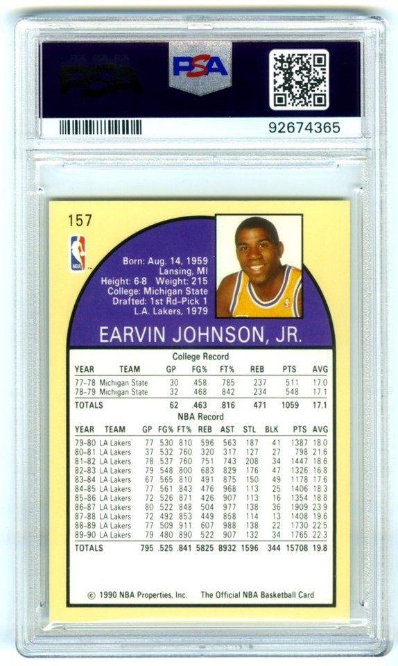 MAGIC JOHNSON~L.A. LAKERS~1990 NBA HOOPS MVP PSA-9 MINT GRADED CARD#157 ...