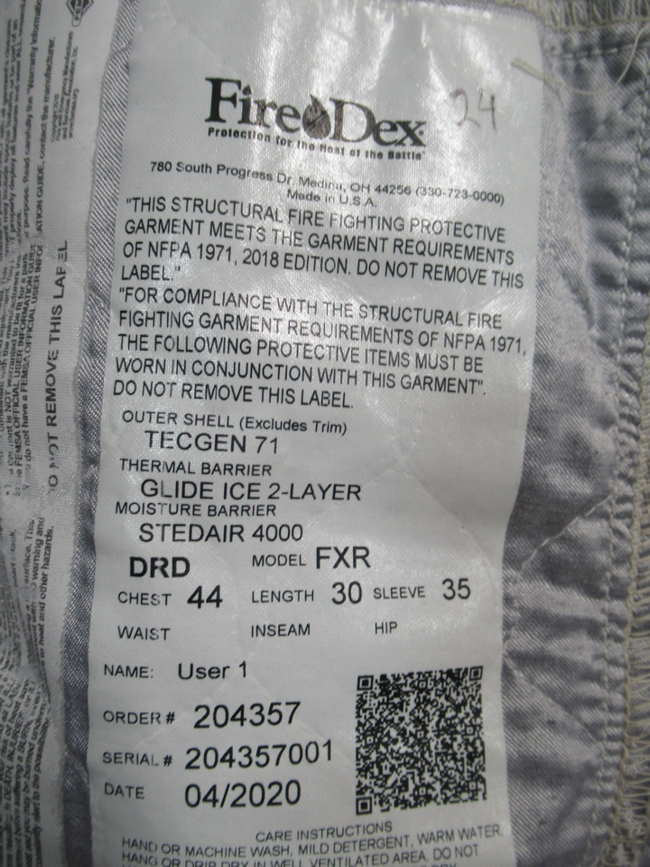 MFG 2020 FIRE DEX 44 x 30 x 35 DRD Firefighter COAT JACKET Turnout GEAR ...