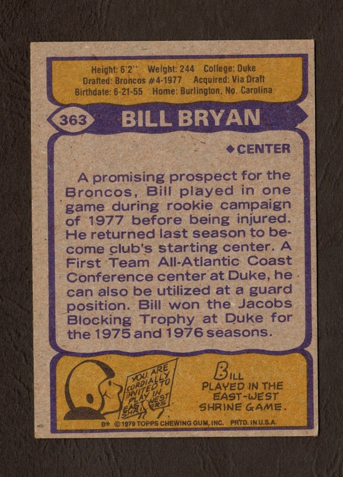 1979 Topps Football Card #363 Bill Bryan - Denver Broncos | eBay