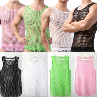 Mens String Mesh Vest Fish Net Fitted String Summer Holiday Beach Vest ...