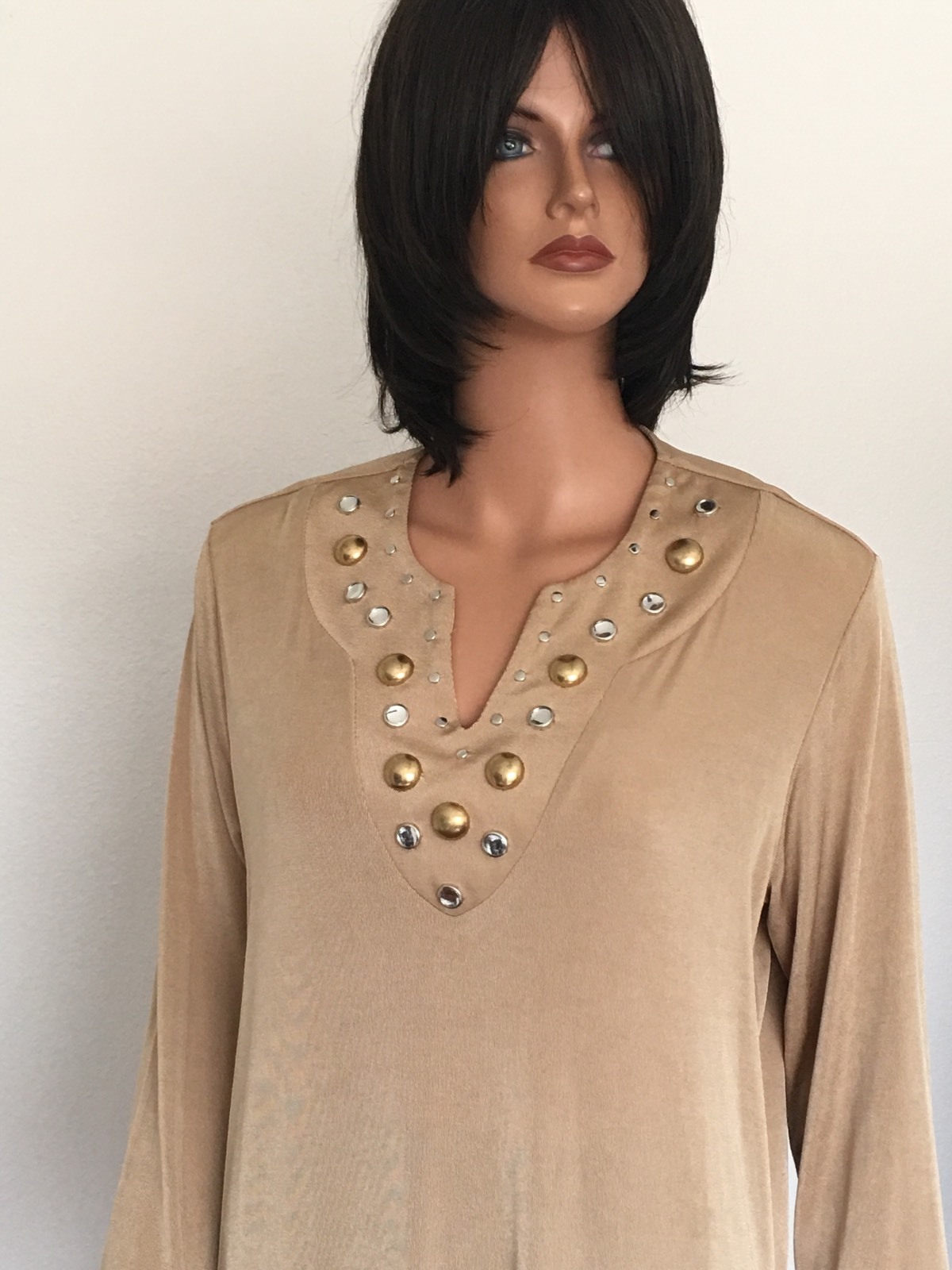 Slinky Brand Tunic Women L Tan Beaded Designer Fashion USA Chic | eBay