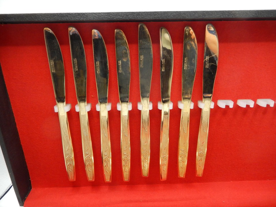 Vtg 50 pcs Orleans Silver Stainless Korea Gold Tone Flatware & Box ...