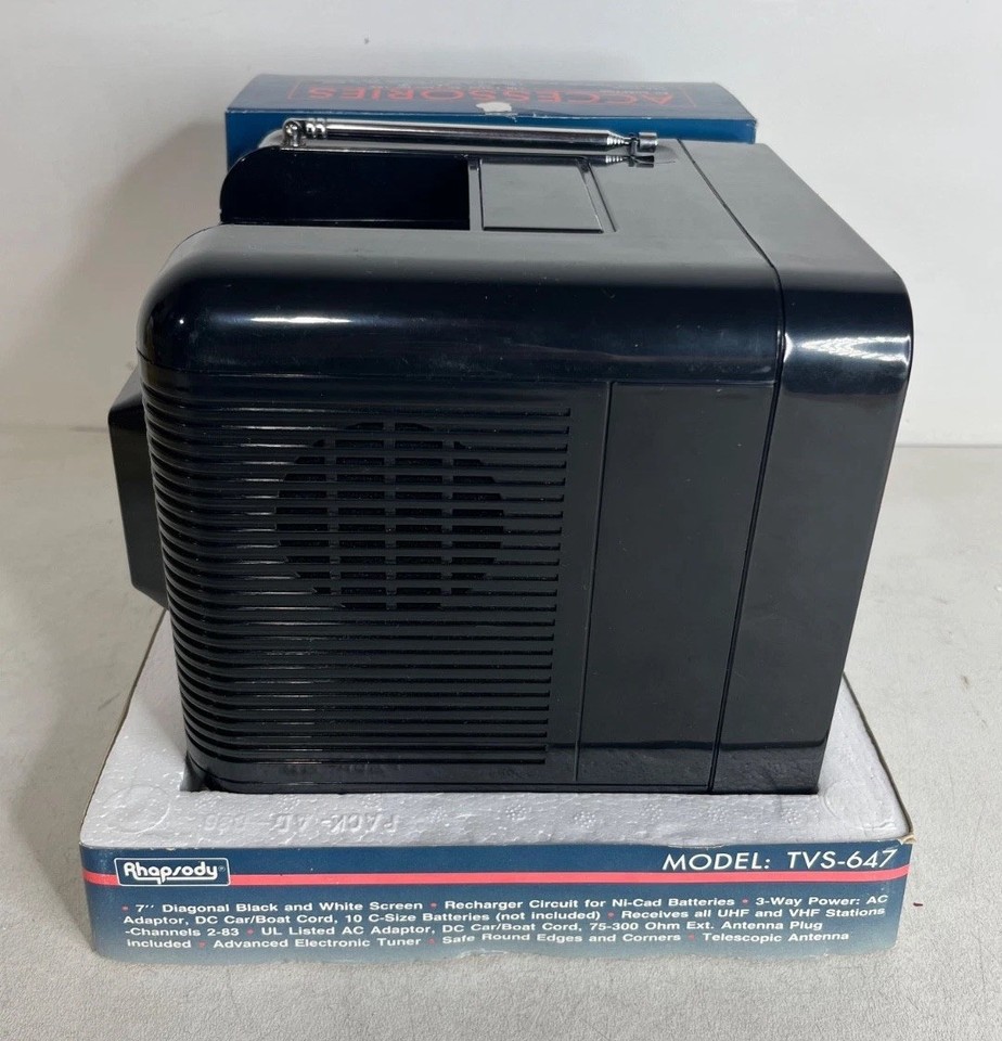 Vintage Rhapsody TVS-647 7" Portable Black & White TV 3-Way Power New ...
