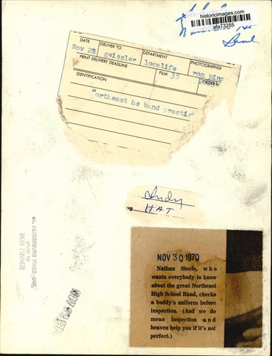 1970 Press Photo Northeast High School band player Nathan Steele checks ...