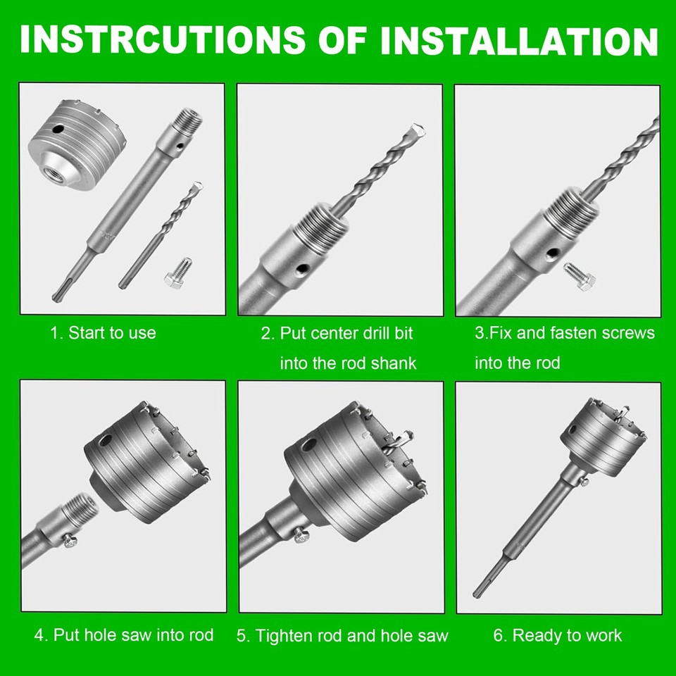 Concrete Hole Saw Set 5Pcs Kit with 30,50,65mm Wall Hole SDS Cement ...