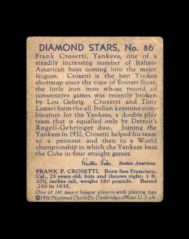1934-36 Diamond Stars Set-Break # 86 Frank Crosetti VG-VGEX (crease ...