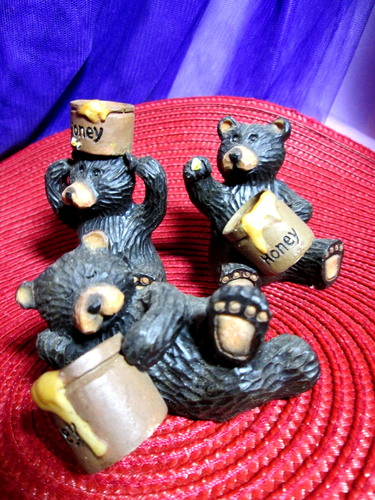 Set Of 3 Miniature Woodland Bears Paws In Honey Pot Black Bears ...