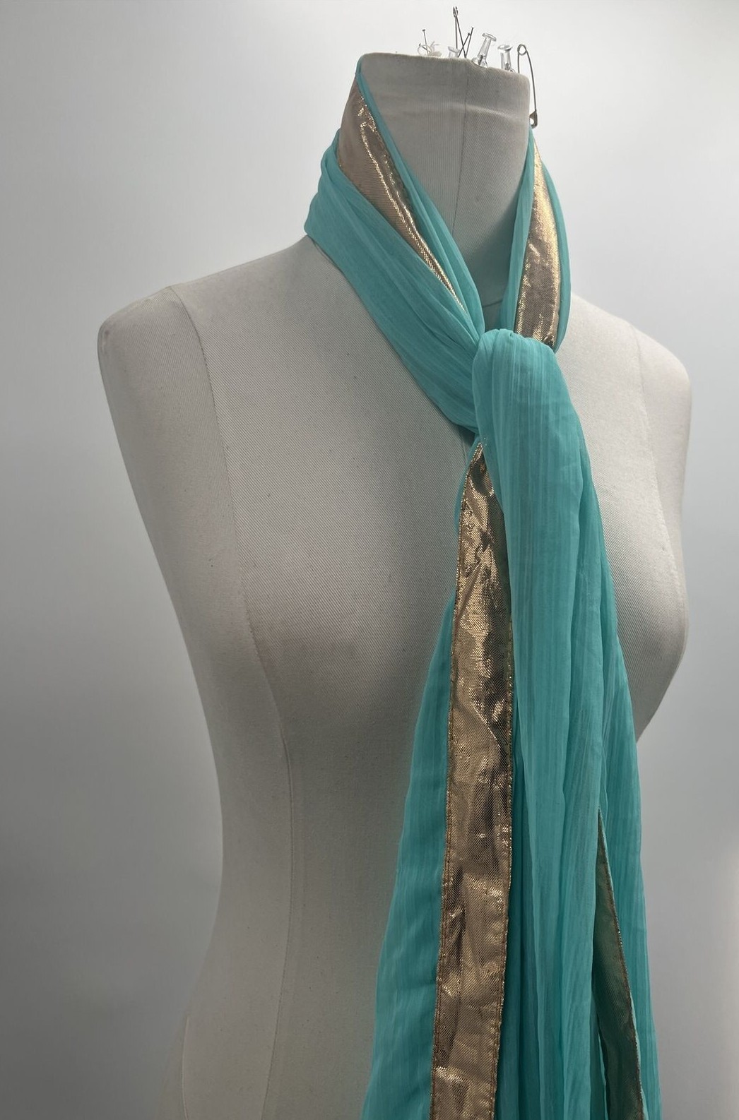 Women's Solid Teal Blue Scarf With Gold Trim Size 84" Length by 34 ...