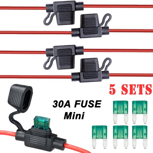 5Pc 12V Inline Blade Fuse Holder w/ Water Proof Dustproof Cover 30A ...