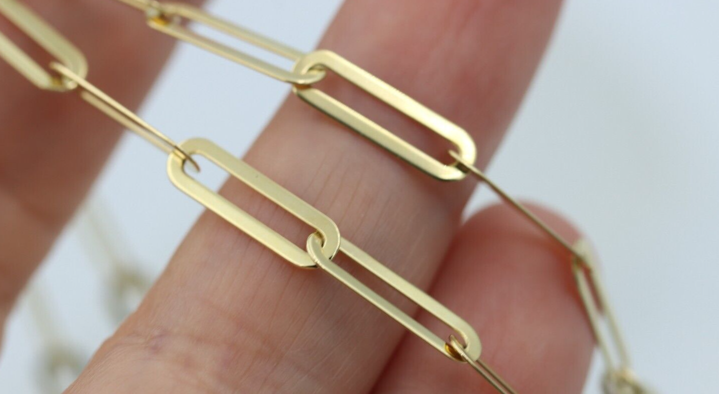 Genuine 65cm 14ct Yellow Gold Paper Clip Chain Necklace with Bolt Ring ...