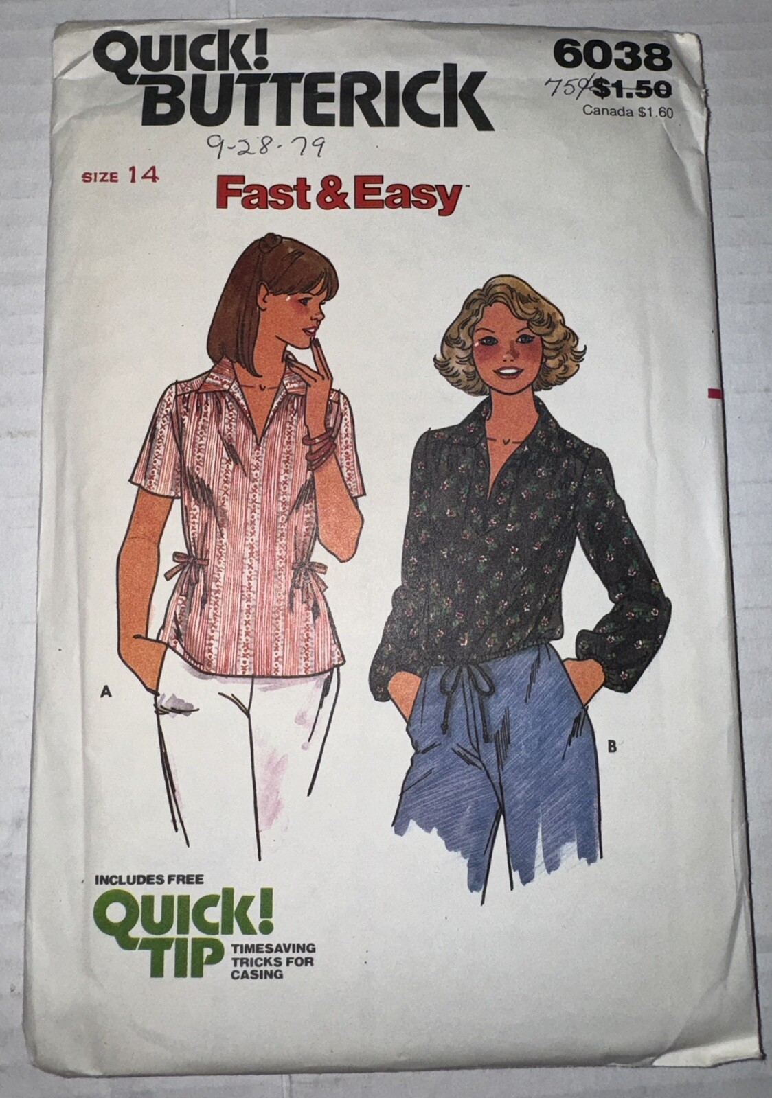 Vintage 1979 Butterick Blouse Pattern # 6038 Fast and Easy Size 14 ...