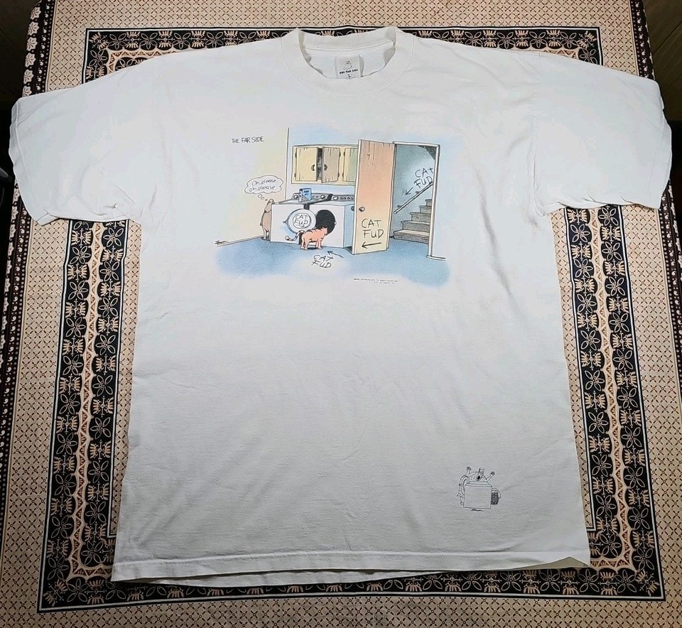 OG VTG The Far Side T SHIRT (c) 1990 Gary Larson CAT FUD 90s Dog vs Cat ...