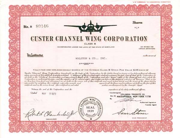 Custer Channel Wing Corporation - Stock Certificate - Aviation Stocks ...