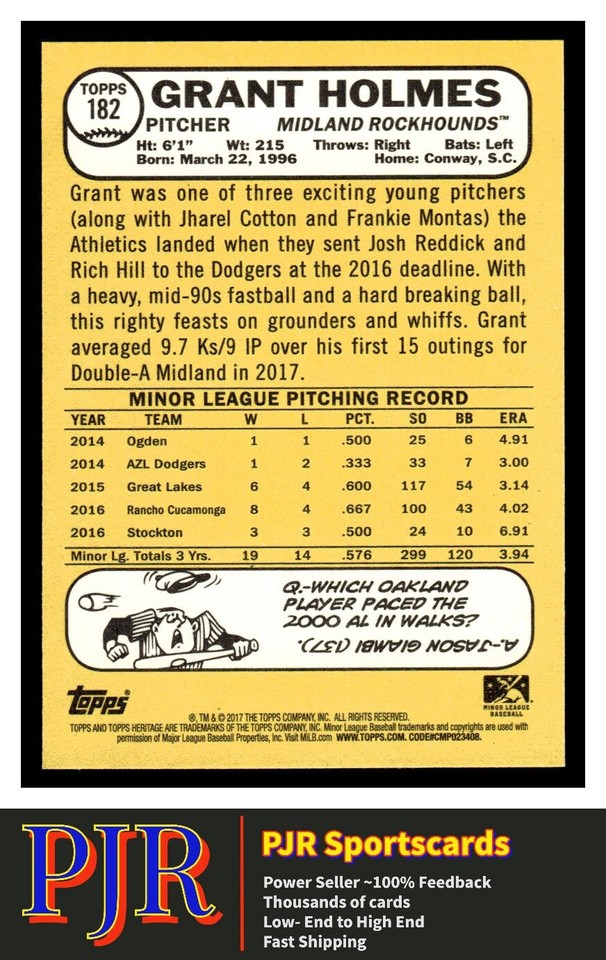 2017 Topps Heritage Minor League #182 Grant Holmes Midland RockHounds ...