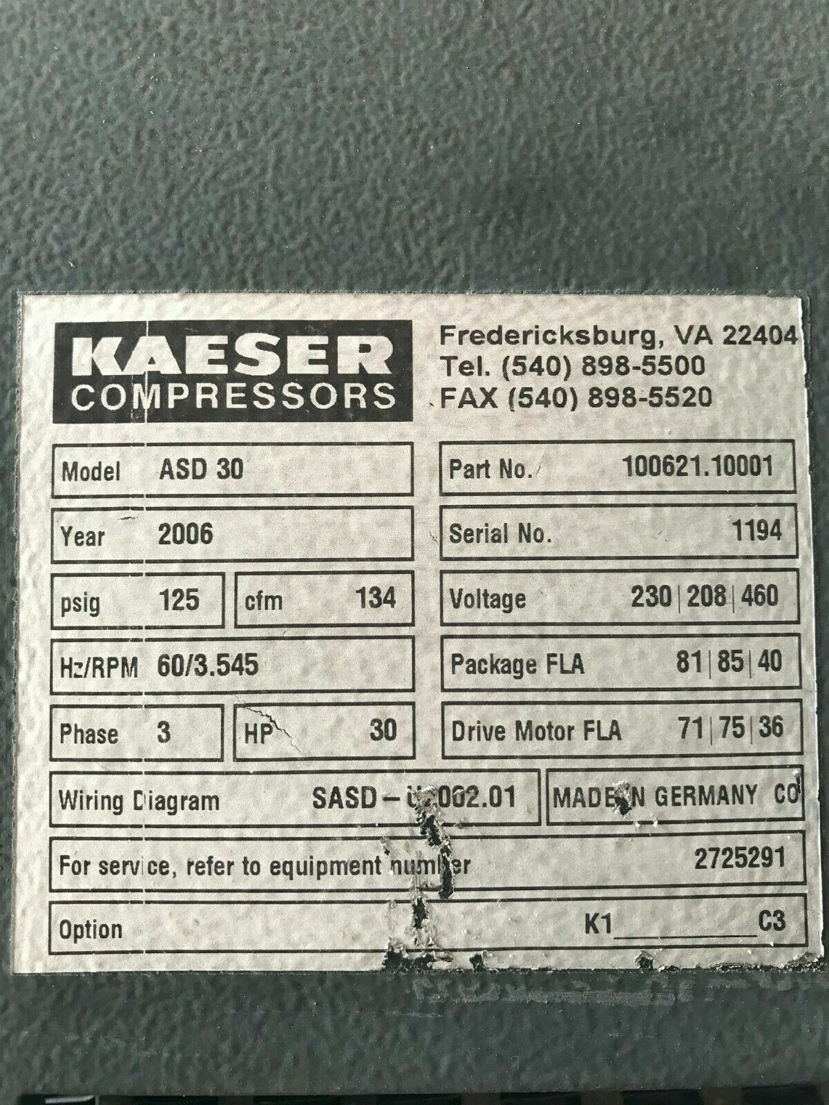 2006 KAESER ASD 30 AIR COMPRESSOR ENCLOSURE PANELS BODY DOORS CABINET ...