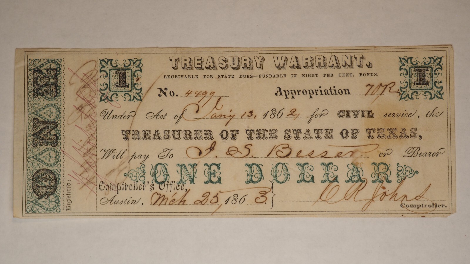 1863 TEXAS Treasury Warrant One Dollar $1 Bank Note **NICE**FREE ...