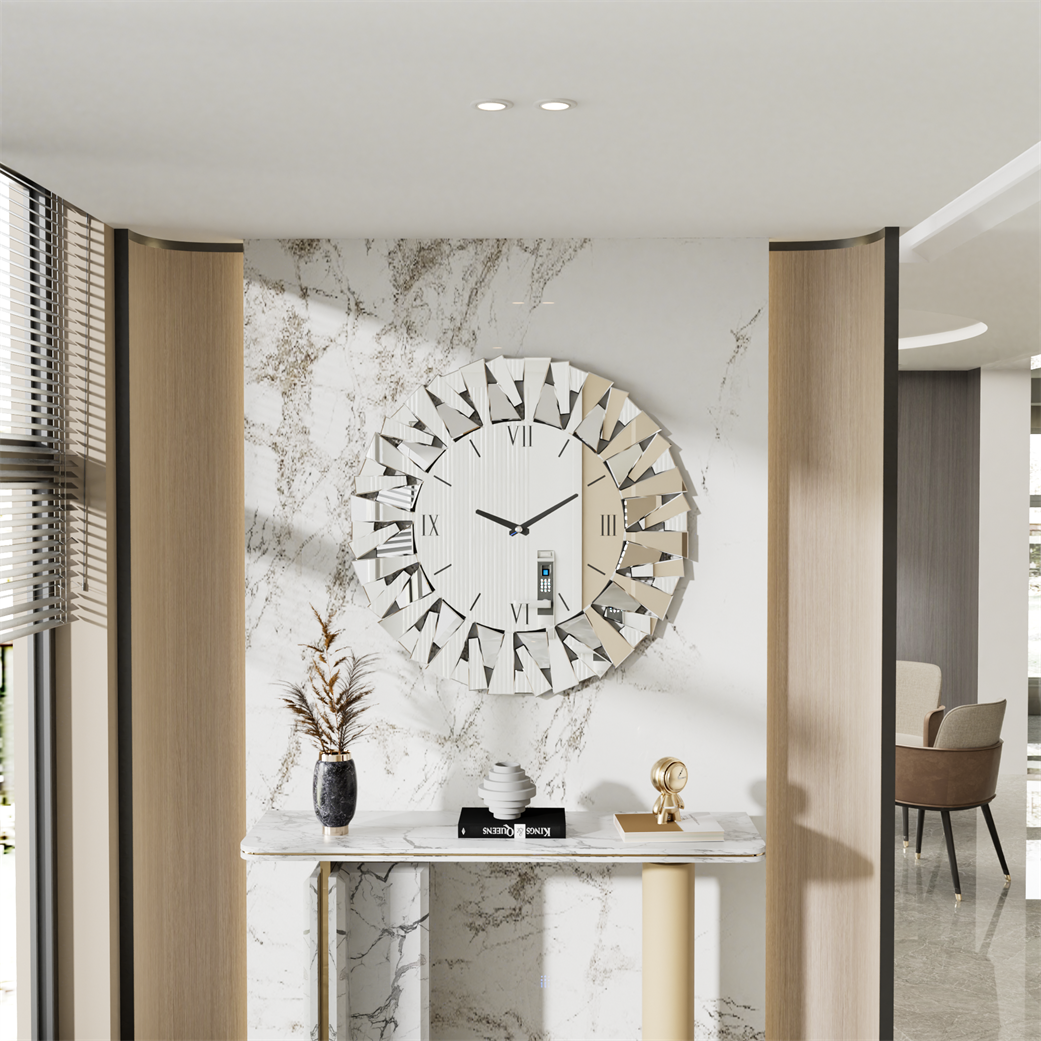 Full Mirrored Round Bevelled Wall Clock Large Roman Numeral Silent ...