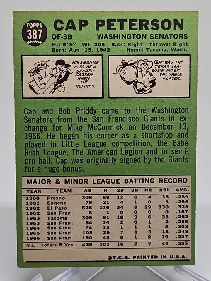 1967 Topps Cap Peterson #387 Vintage Washington Senators Baseball Card | eBay