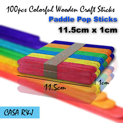 100 pc Coloured Wooden Craft Sticks Paddle Pop Sticks Ice Cream 11.5cm ...