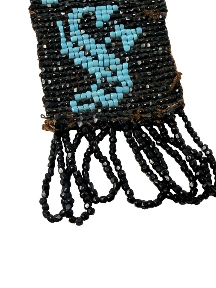 Victorian Seed Bead Watch Fob Fleur De Lis 6" Black Blue Design Antique ...