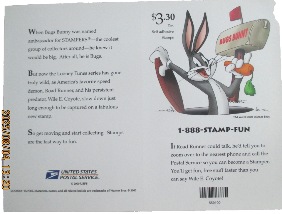Wile E. Coyote 1 Sheet 2000 USPS Postage Stamps 33 Cent Warner Bros. | eBay