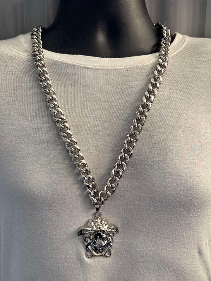 3D Unisex 20” Greek Key Medallion Boho Medusa Style 18K GP Chunky Chain ...