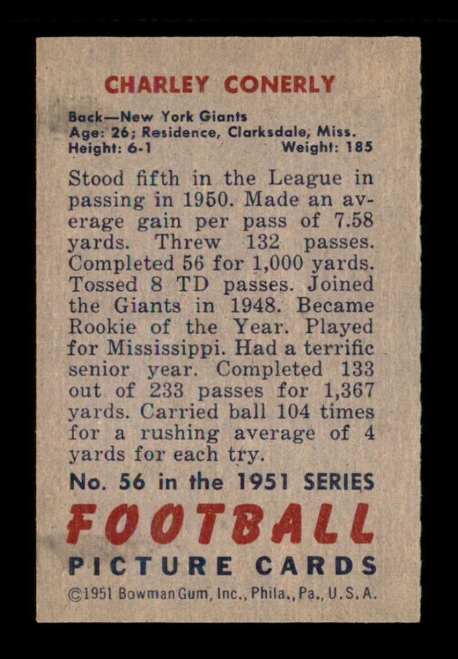 1951 Bowman #56 Charley Conerly EXMT X3270783 | eBay