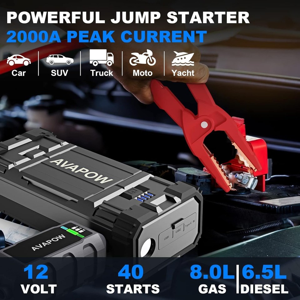 AVAPOW Car Battery Jump Starter 2000A Peak, Jumpstart with Force Start ...