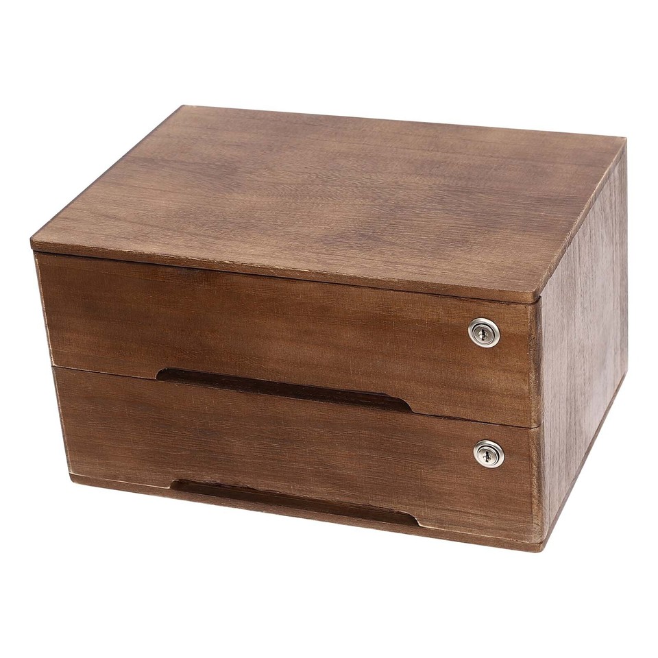 2-tier Wooden Desktop Storage Box W/Lockable Drawers Walnut Flat File ...