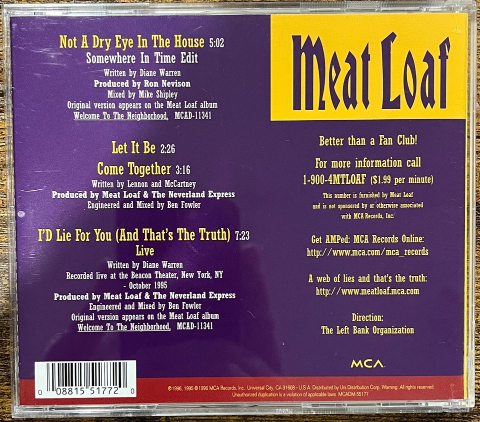 Meat Loaf Not A Dry Eye In The House 4trk Maxi CD Single 1996 MCA ...