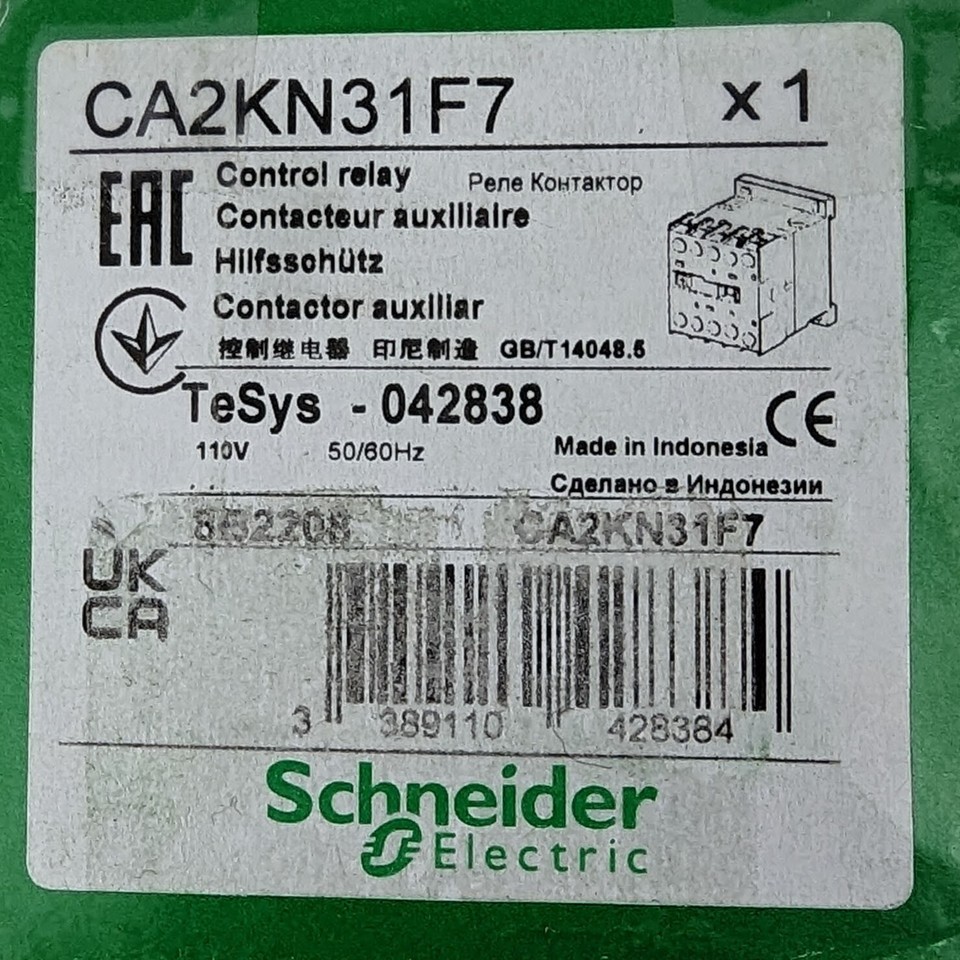 Schneider Control Relay Contactor CA2KN31F7 110Vac Coil DIN Rail 600VAC ...
