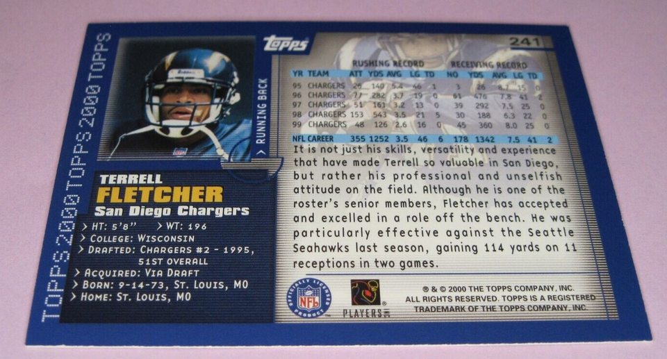 2000 Topps Football Card #241 Terrell Fletcher San Diego Chargers | eBay