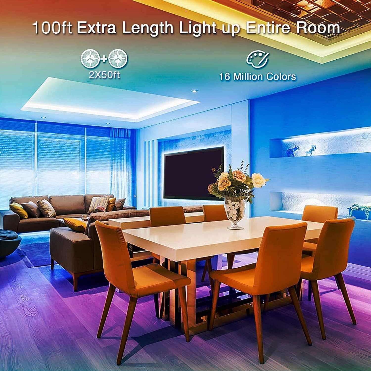 100 Ft LED Strip Lights, Bluetooth Music Sync Color Changing Lights ...