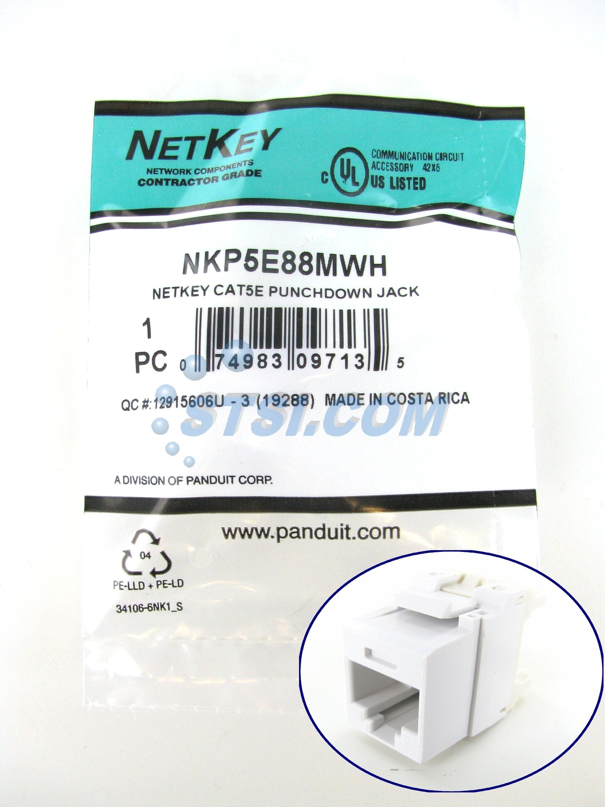 Panduit NKP5E88MWH NetKey Cat5e Punchdown Keystone Jack Module, White ...