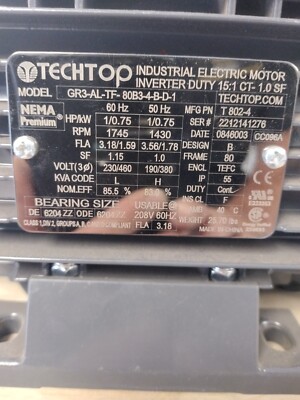 TECHTOP inverter duty HP1/075 RPM 1745 fr.80 MOTOR | eBay