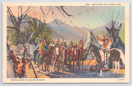 Native Americana Indian~Western Mountain Indian Camp~Signal Fire~Vtg ...