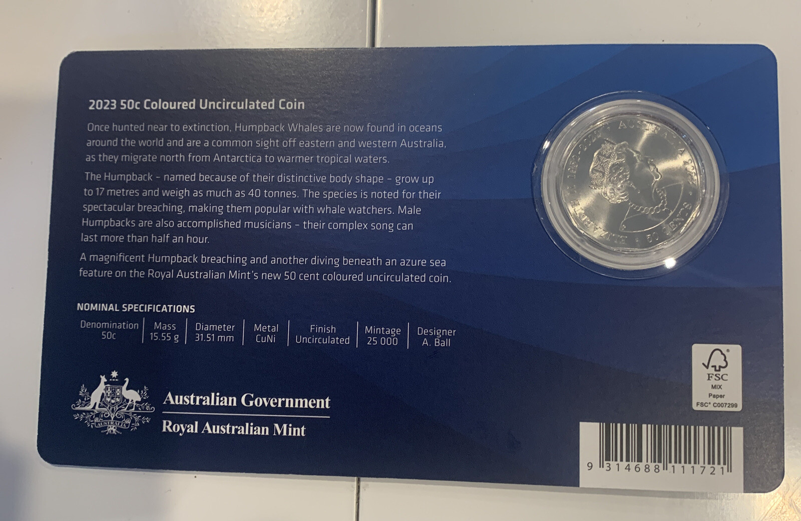 AUSTRALIA 2023 50c COLOURED UNCIRCULATED COIN ANTARCTIC HUMPBACK WHALE ...