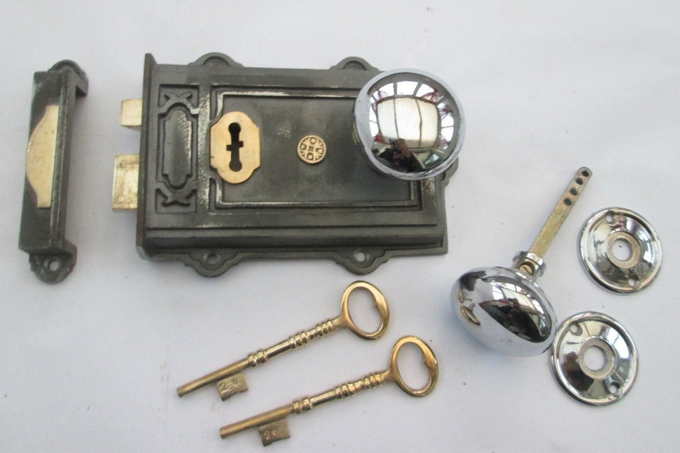 Dual handed Cast Iron & Brass Victorian Davenport RIM LOCK or LARGE ...