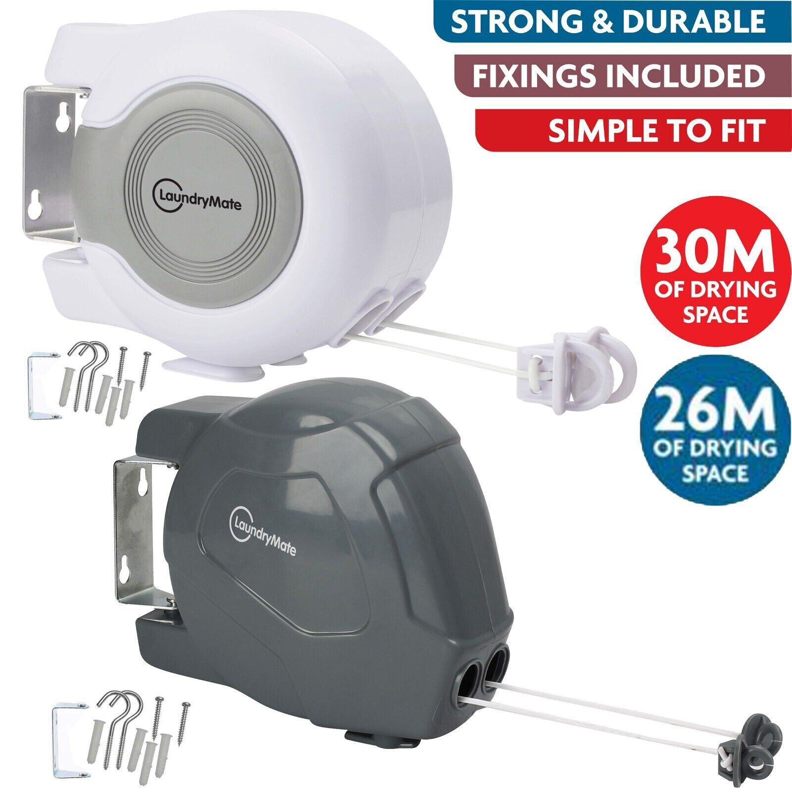 DOUBLE Retractable Washing Line Wall Mounted Clothes Reel Laundry ...