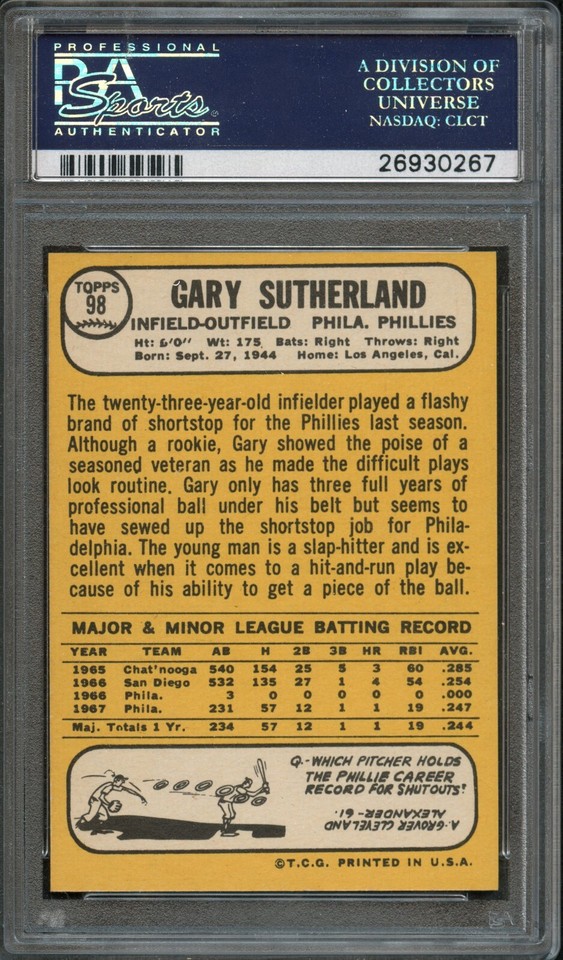 BB - 1968 Topps - #98 - Gary Sutherland - PSA 9 - MINT | eBay