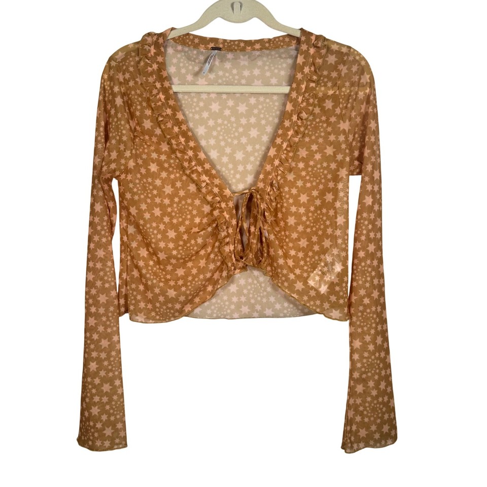 Free People Star Print Mesh Tie Front Ruffle Crop Top Ochre Tan Small ...